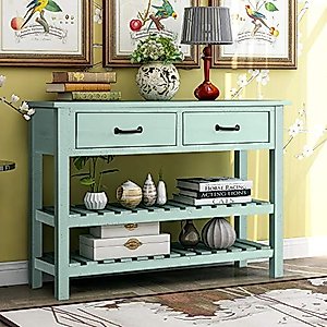 Retro Console Table Sofa Entryway Side Table Furniture with 2 Drawers and 2 Bottom Shelves for Living Room Home Decor