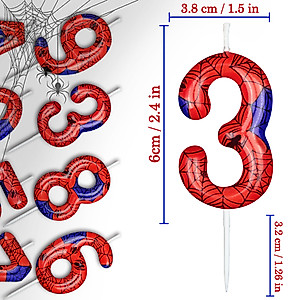 Red Blue Spider 3rd Birthday Number Candles, Number 3 Candle Cake Topper Decorations for Spider Cartoon Themed Parties, 3rd Birthday Cake Candles for Boys Girls Kids Party Supplies