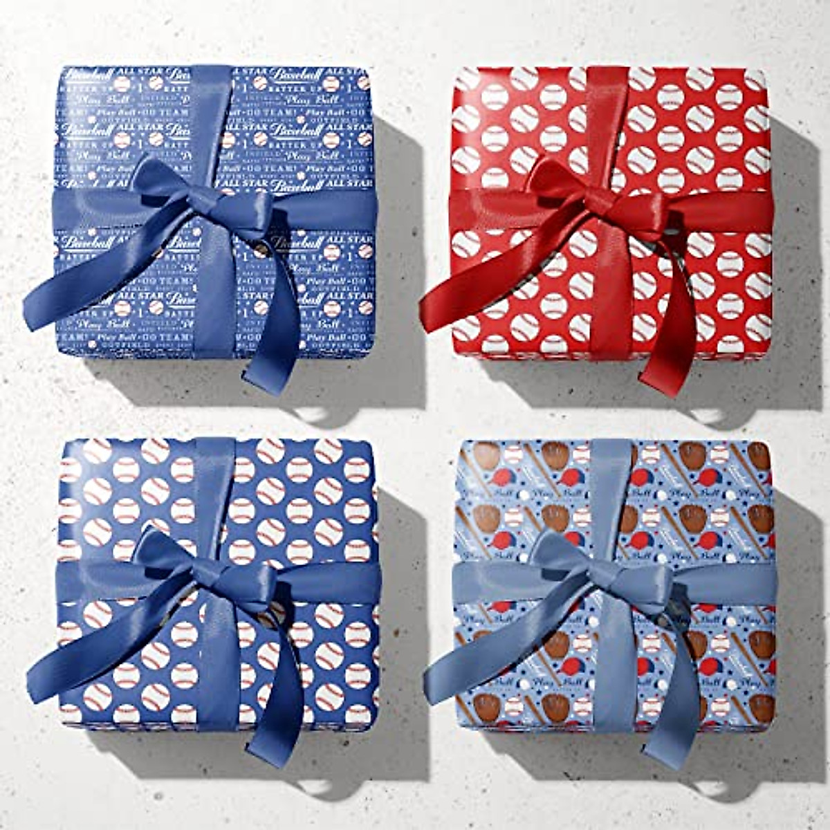 FIEHALA Flat Wrapping Paper Sheets - 12 Sheets with 4 Baseball Patterns - Pre cut & Folded Flat Design (20 inch × 27.5 inch per sheet)