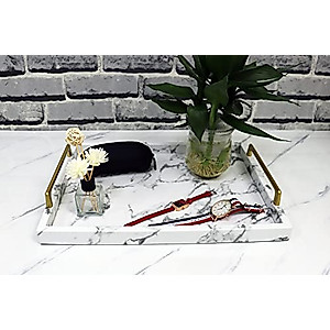 MCBZ Home furnishings, Serving Trays, Coffee Table Decorative Trays, Marbled Leather Trays, Gold Handle Storage Trays (White/Marbled)