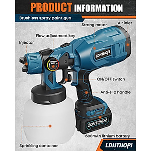 LDHTHOPI Cordless Paint Sprayer, 1200ml Paint Sprayer Gun with 2 * 3.0Ah Batteries, 20V Paint Sprayer with 5 Copper Nozzles, 3 Spray Patterns, 10 Funnel Paper for Wall, Fence, Metal, Floor, DIY
