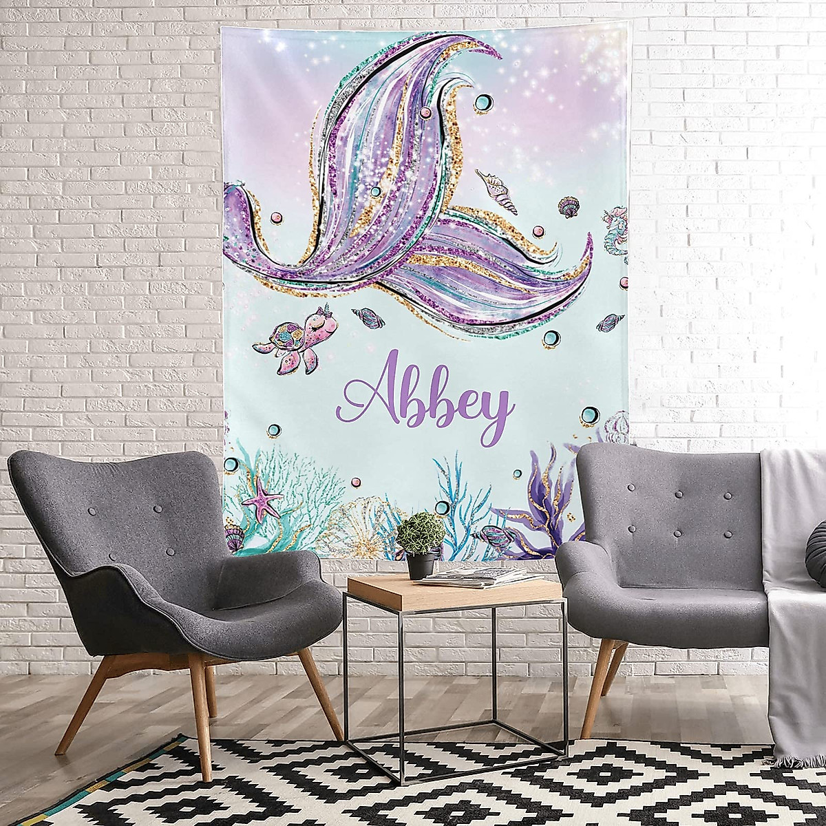 XOZOTY Print Mermaid Tail Purple Personalized Baby Blanket Swaddling with Name Nursery Fleece Throw Blankets for Newborns Boys Girls Kids Pet 30 X 40 Inch