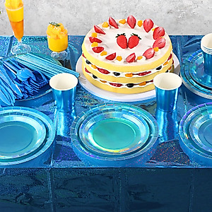 Iridescent Blue Party Supplies Decorations Serve 25, Holographic Blue Paper Plates and Napkins, Disposable Iridescent Party Plates Cups Napkins for Wedding Anniversary Birthday Bridal Shower Party