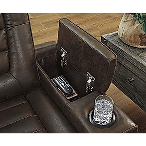 Signature Design by Ashley Game Zone Faux Leather Adjustable Power Reclining Sofa with Cup Holders and Storage, Brown
