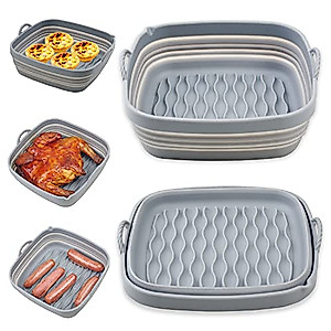 2Pack Upgraded 8 Inch Foldable Air Fryer Silicone Liners Square, Reusable Air Fryer Basket Liner, Thick Food Grade Silicone Pot, Airfryer Inserts Accessories for 4 to 7 qt Air Fryers, Grey, ZUOFANG