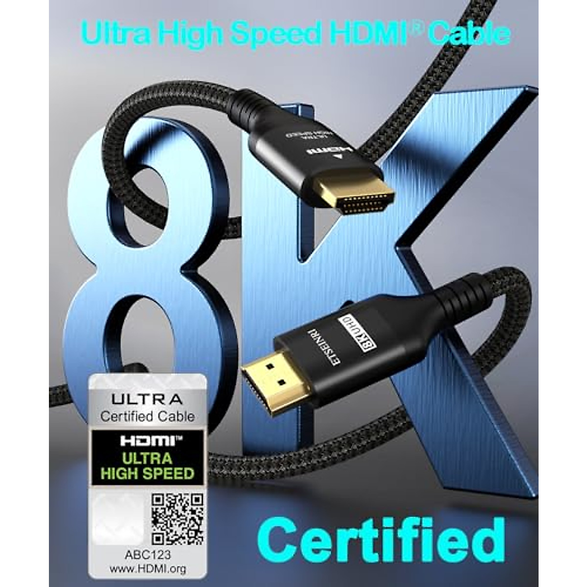 Etseinri 10K 8K 4K HDMI Cable 6.6ft, Certified 48Gbps Ultra High Speed HDMI® Cable 4K@120Hz 8K@60Hz eARC HDCP 2.2&2.3 Dynamic HDR D.olby Atmos Compatible with PS5 X-Box HDTV Monitor