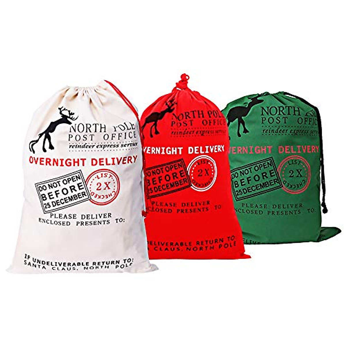 KEFAN 3 Pack Christmas Bag Santa Sack, Canvas Storage Bag for Gifts Wrapping with Drawstrings Large Size 27.5"x19.5"