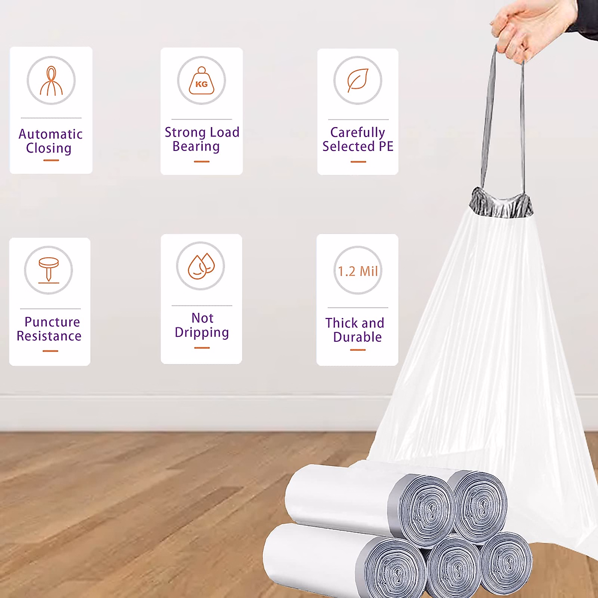 Code C (2.6-3.2 Gallon) 200 Count Drawstring Trash Bags | Heavy Duty White Garbage Can Liners 2.6-3.2 Gallon | Compatible with simpleman Code C White Drawstring Garbage Liners