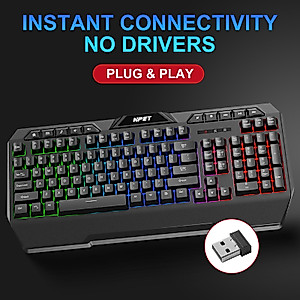 NPET K32 Wireless Gaming Keyboard RGB with Wrist Rest - Long-Lasting Rechargeable Battery - Quick and Quiet Typing - Water Resistant Backlit Wireless Keyboard for PC PS5 PS4 Xbox One Mac - Black