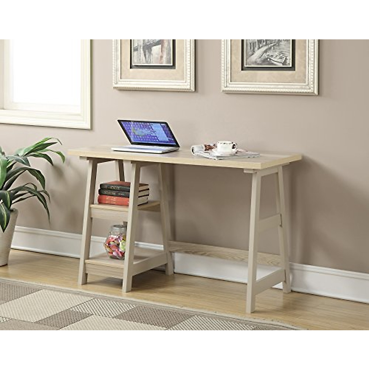 Convenience Concepts Designs2Go Trestle Shelves Desk, 47"L x 20.25"W x 29.25"H, Weathered White