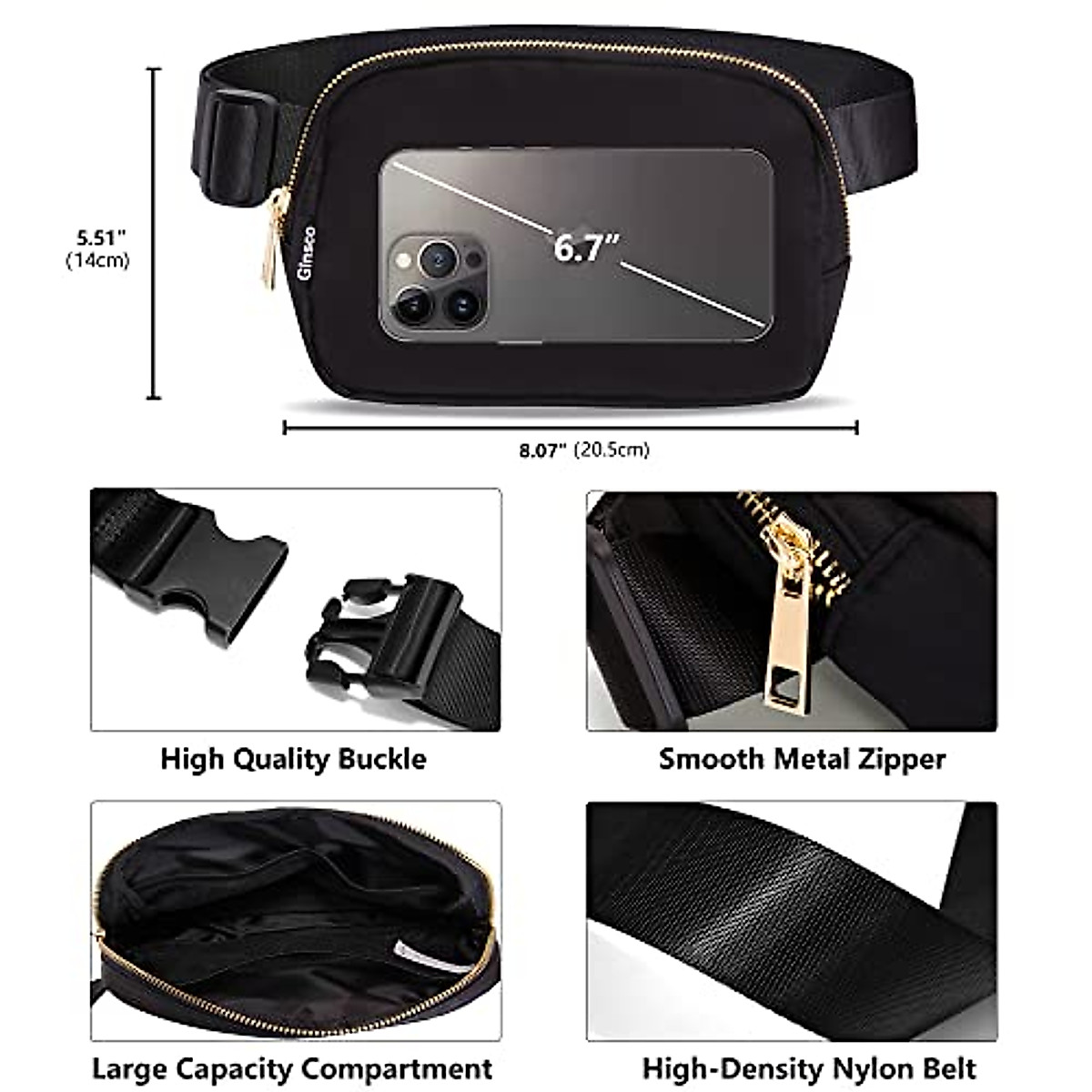 Fanny Packs for Kids Boys Girls Yoga Women Slim Women, Ginsco Waterproof Waist Bag with Adjustable Strap Mini Belt Bag Fashion Waist Pack Fits Running Jogging Work Out Travel Black M101