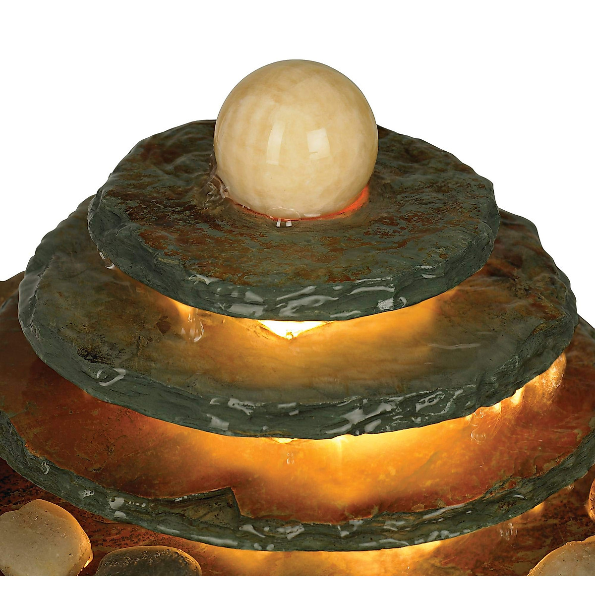 Pyramid Modern Zen Indoor Tabletop Water Fountain with Light 10" High 4 Tiered Feng Shui Ball River Rocks for Table Desk-Top Home Office Bedroom House Living Room Relaxation - John Timberland