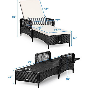 HAPPYGRILL 2 Patio Chaise Lounge Chair Set Outdoor Rattan Wicker Recliner with Thick Cushion, Lumbar Pillow, Adjustable Backrest for Garden Porch Lawn Poolside