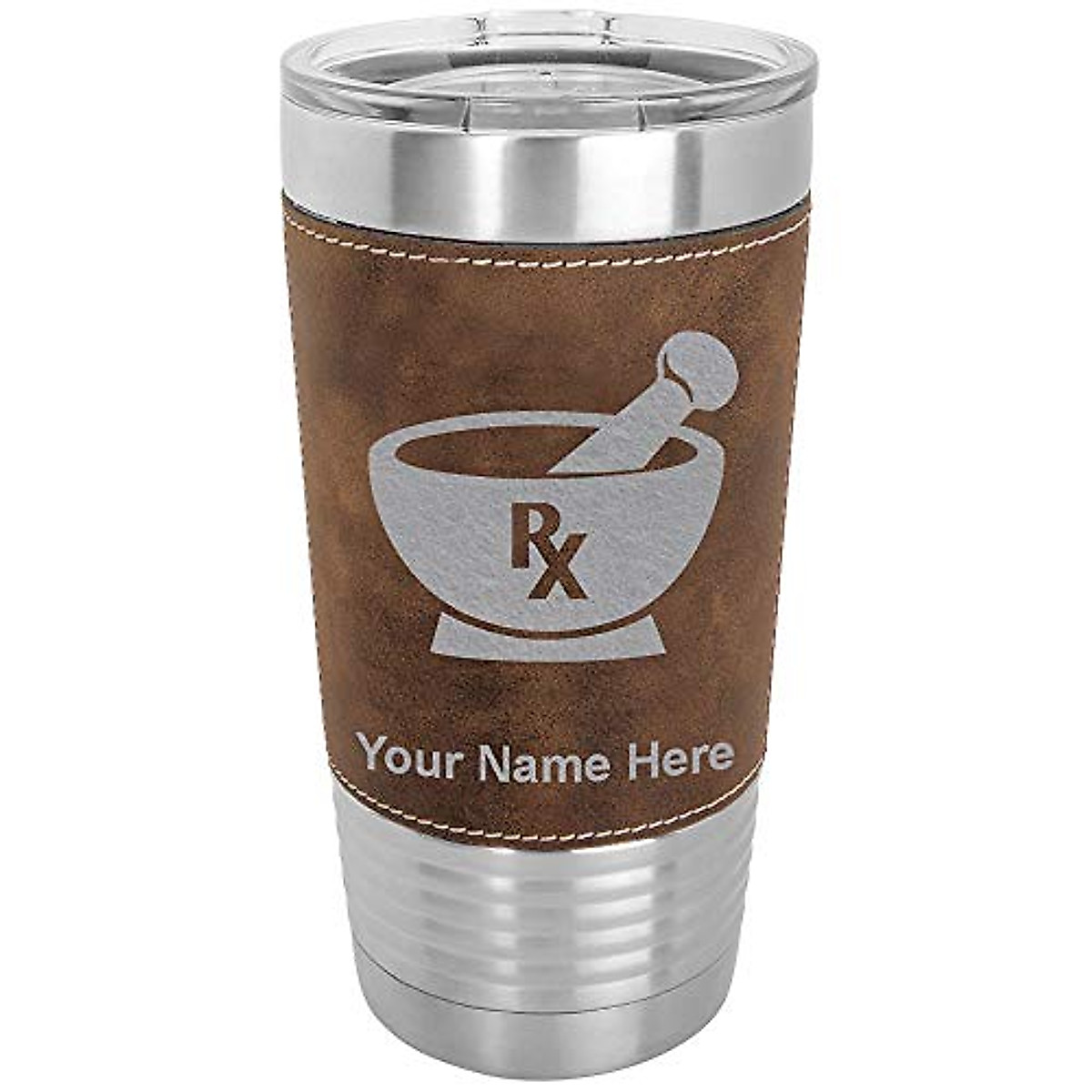 LaserGram 20oz Vacuum Insulated Tumbler Mug, Rx Pharmacy Symbol, Personalized Engraving Included (Faux Leather, Rustic)
