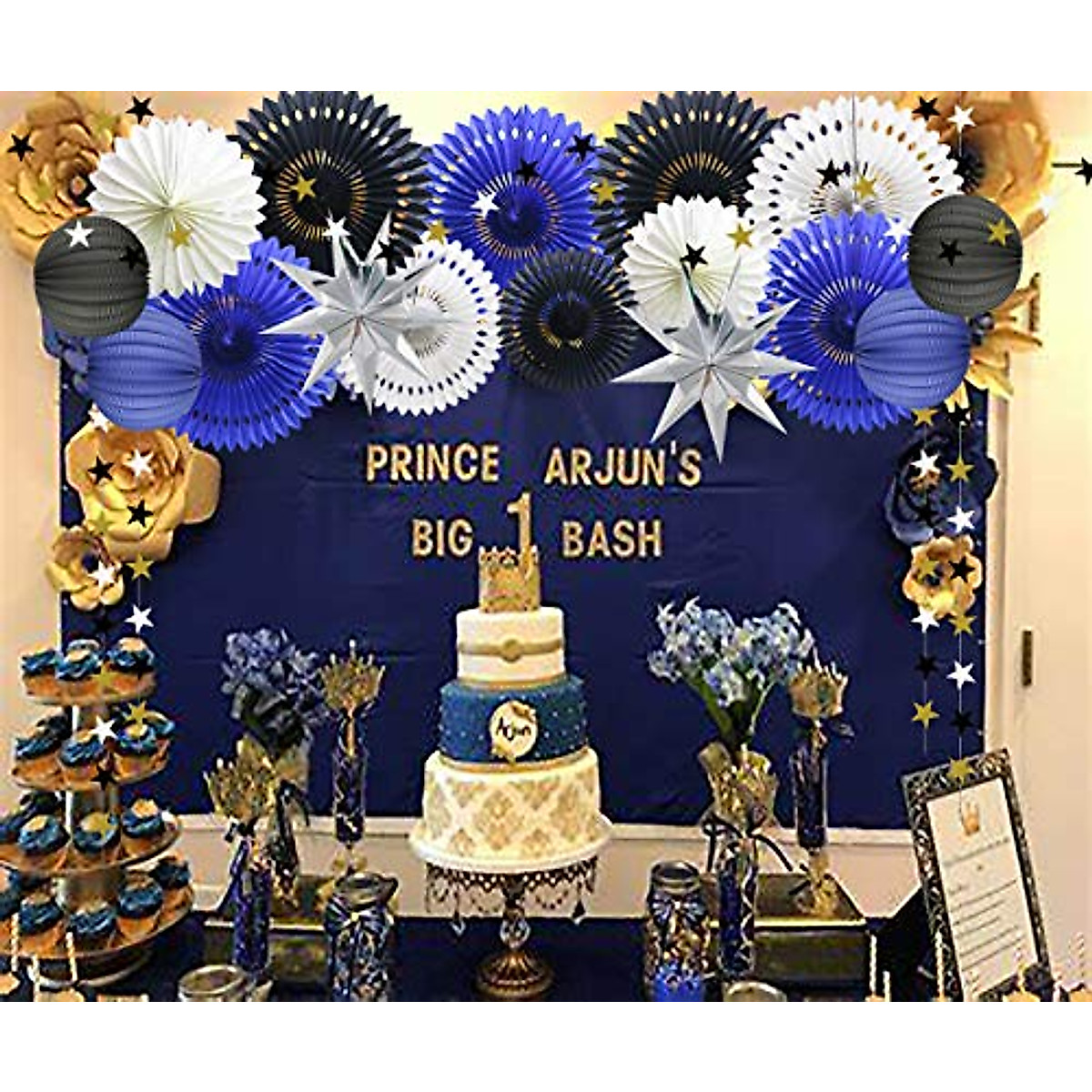 Hanging Party Decoration Supplies Set of Tissue Paper Fans Star Garland Paper Lanterns for Graduation Wedding Anniversary Birthday Backdrop Decoration (Navy Blue White Black)