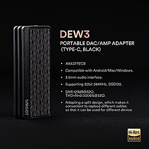 SIMGOT DEW3 Portable Headphones Amps Amplifier DAC/AMP Adapter High Resolution 32bit 384KHz and 3.5mm Audio Interface, Driver-Free for Smartphones, Android, Laptop and Players (USB Type-C, Black)