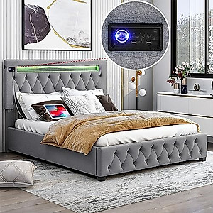 Ucloveria Queen Bed Frame with Bluetooth Audio & Charging Station & LED Lights, Upholstered Platform Bed with Button Tufted Adjustable Headboard, Hydraulic Storage, No Box Spring Needed, Gray