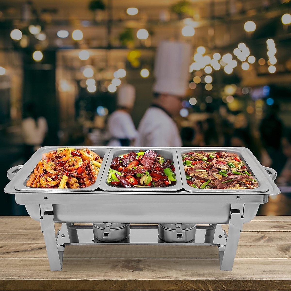 LOHISHILO Stainless Steel Chafing Dish with 3 Food Pans Catering Buffet Warmer Tray Party Foldable Frame Buffet Set, for Party, Restaurants, Hotels, Schools, Offices, Food Trucks,Cafeterias(Silver)