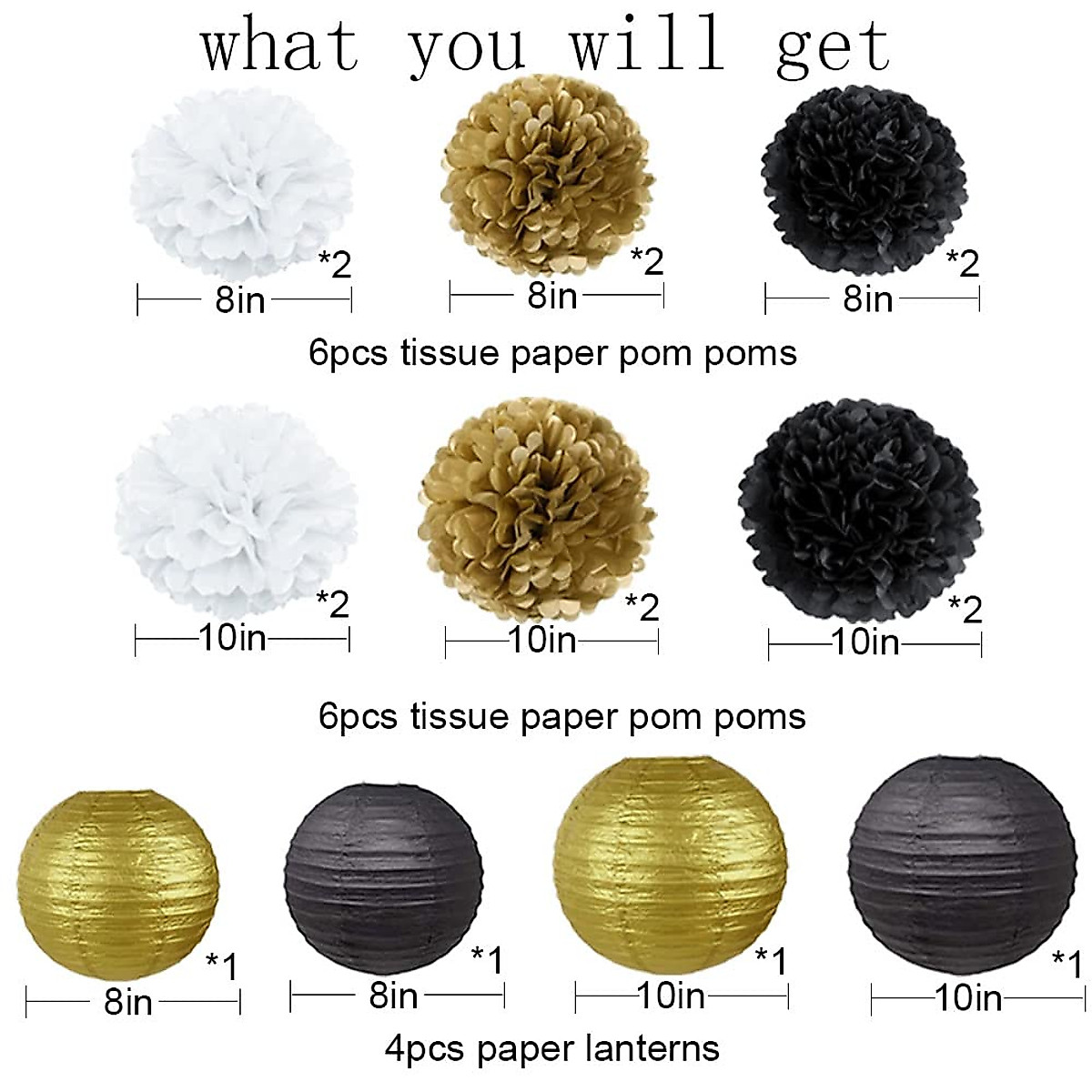 16Pcs of Tissue Paper Pom Poms Mixed Paper Lanterns Craft Kit, Suitable for Gold Theme Party Baby Shower Birthday Party Bridal Shower and Wedding Party Decoration (Black/Gold) (a)