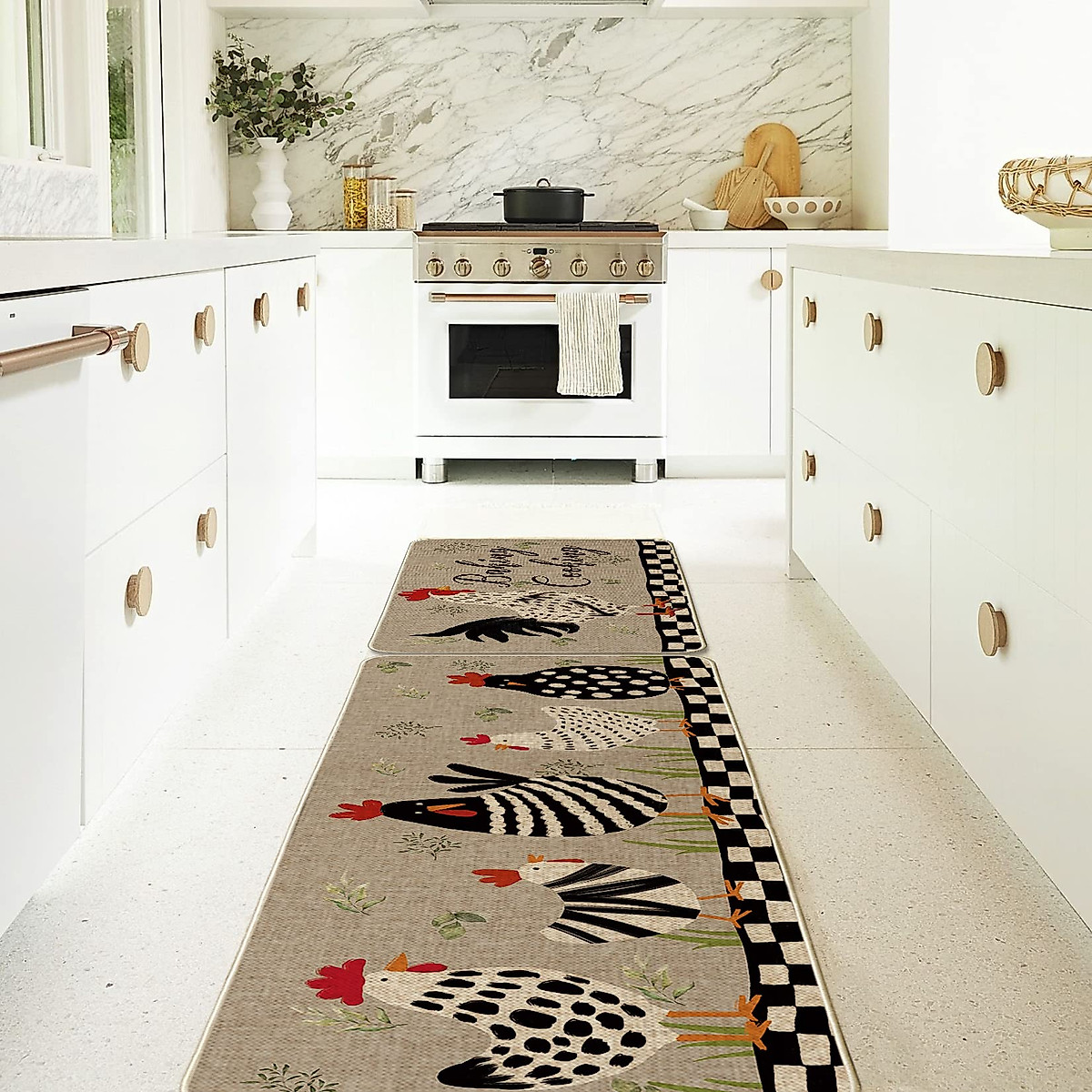 Artoid Mode Baking Cooking Chicken Rooster Kitchen Mats Set of 2, Home Decor Low-Profile Kitchen Rugs for Floor - 17x29 and 17x47 Inch