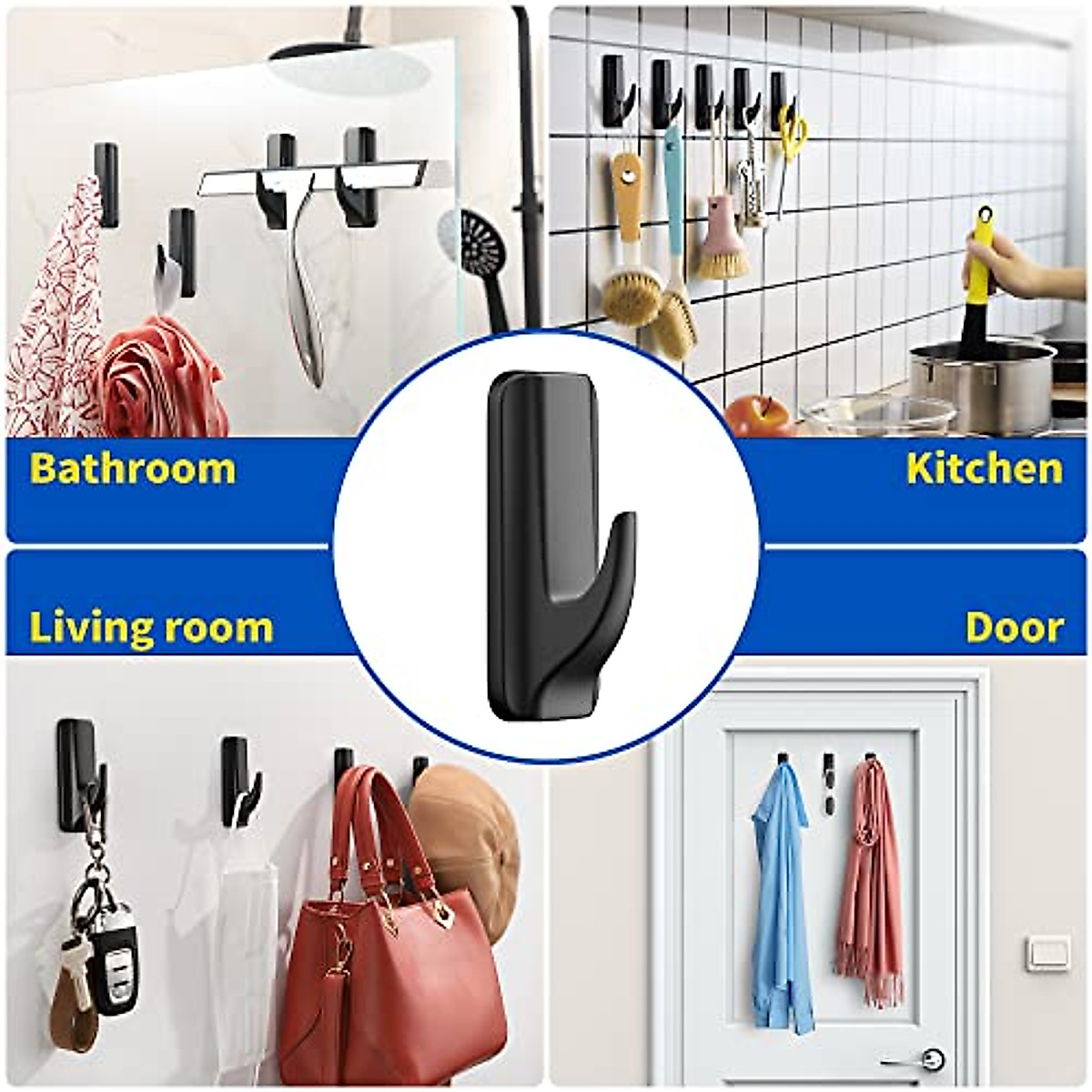 ALOCEO Towel Hooks 9 Pack for Bathroom with 12 Adhesive Strips Shower Waterproof Sticky Hooks Black Plastic Hooks for Keys Outdoor Kitchen Door