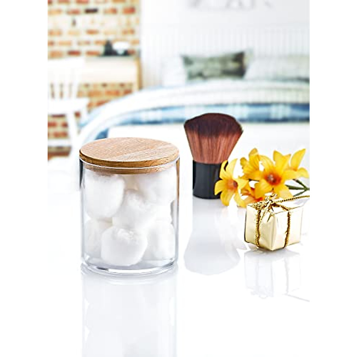 Boxup Air Tight Canister Storage Container with Wooden Lid Holder Bathroom Jars Canisters for Cotton Ball Swab Pad Storage Dispenzer