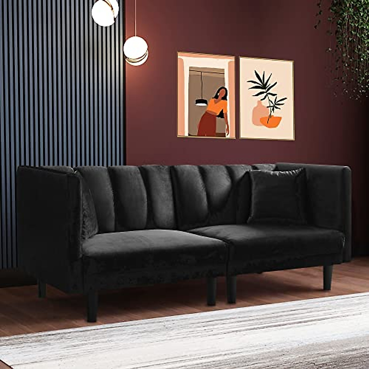 70'' Black Velvet Couch,Loveseat Sofa, Convertible Futon Sofa Bed, Accent Sofa Recliner,Metal Legs, 2 Couch Pillows,Modern Sofas for Home Living Room Bedroom
