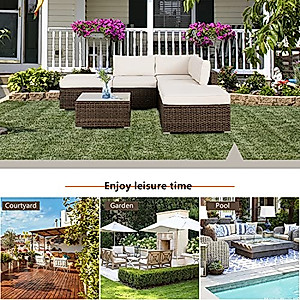 HOMPUS 6-Piece Outdoor Handwoven Sectional Sofa PE Rattan Wicker Couch Corner Conversation Set Furniture Brown Patio Sofa Set w Beige Seat Cushions, Glass Coffee Table for Garden,Yard,Pool