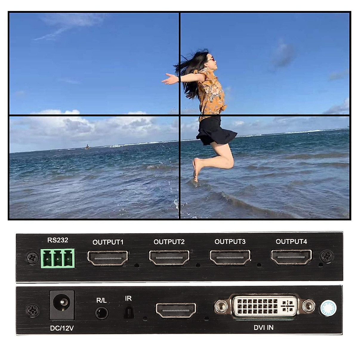 TV Wall Video Controller, 1080p 2x4, 2x8 Cascade Modes, DVI Inputs, 4 Outputs, 180° Rotating 8 Display Modes, Multi Video Splicing Display Processor (US Plug)