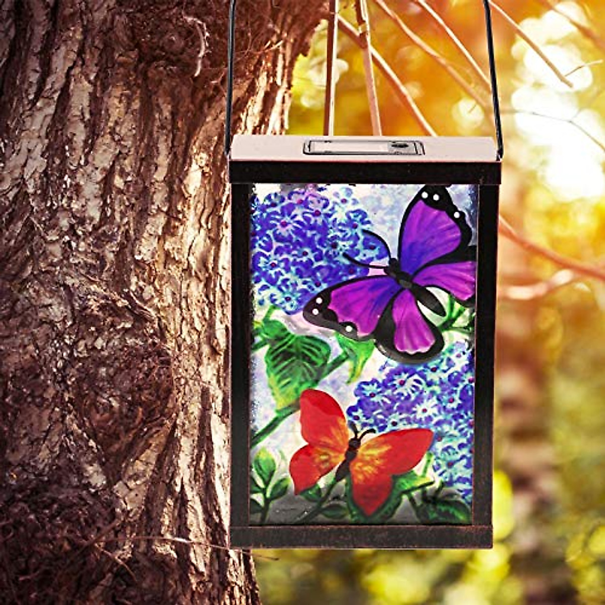 SUBOLO Hanging Solar Lantern, Outdoor Decorative, LED Solar Butterfly Lights, Tabletop Lamp for Outdoor Patio Garden