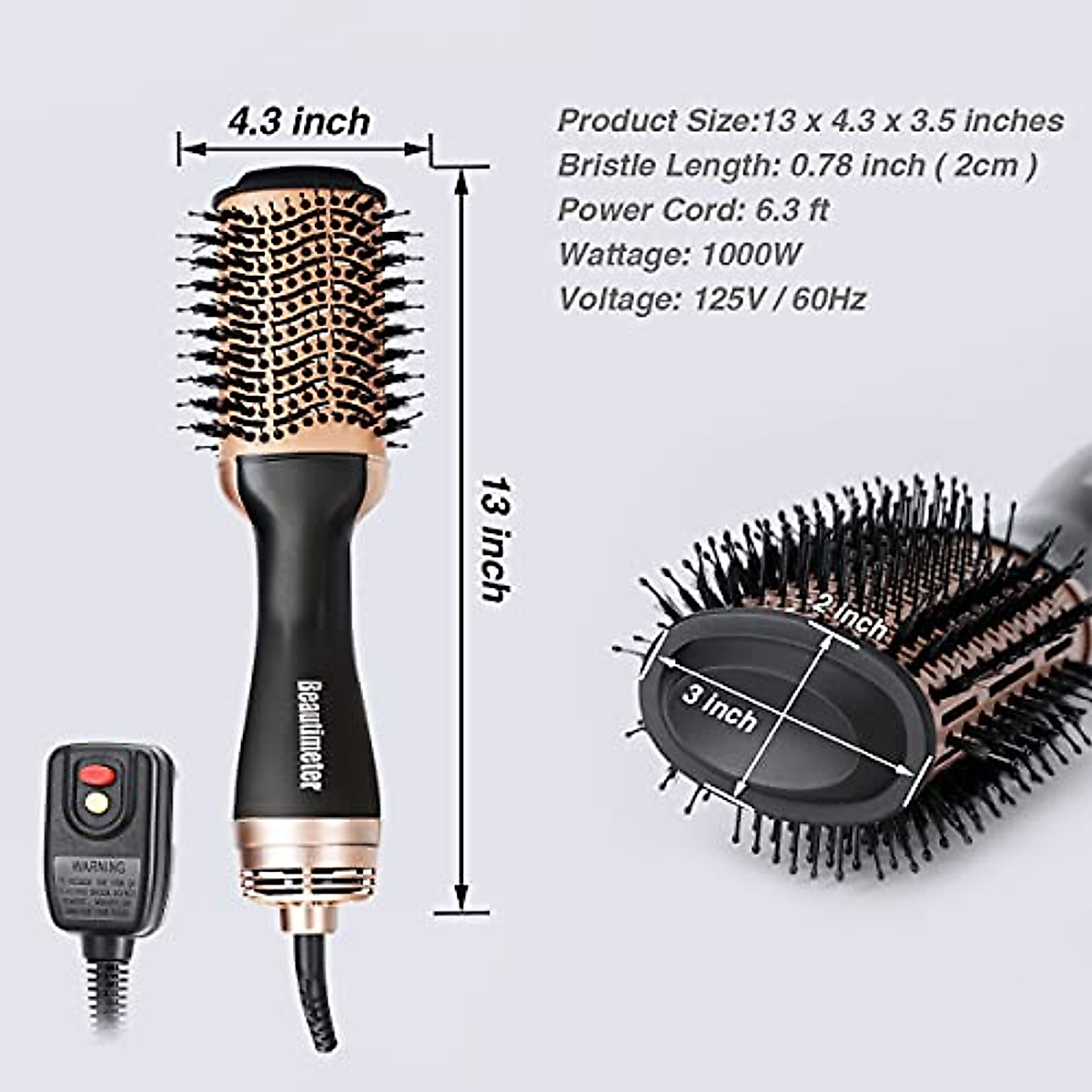 Beautimeter Hot Air Brush, Hair Dryer Brush & Volumizer, 3 in 1 Negative Ionic Hair Styler for Straightening, Curling, 1000W, Black & Gold