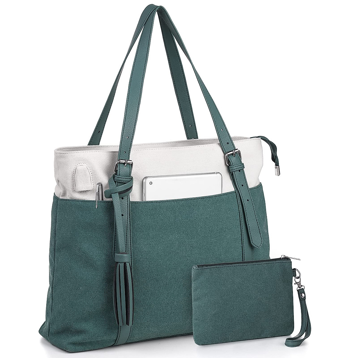 Tote Bag Women,Cute School Bag Bookbag for College,Small Work Purse with Pockets Laptop Compartment 15.6in,Canvas Zippered Shoulder Bag for Teacher Nurse,Green