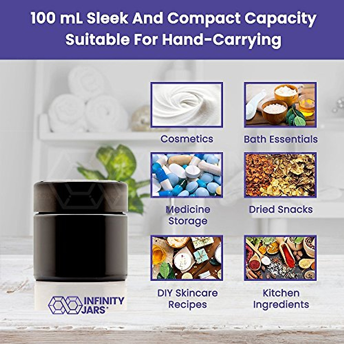 Infinity Jars 100 ml (3.3 fl oz) Black Ultraviolet Refillable Empty Glass Screw Top Jar 3-Pack