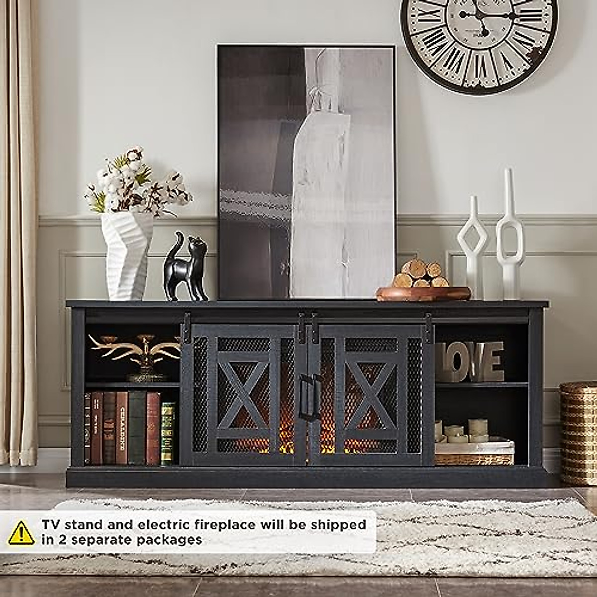 JXQTLINGMU Electric Fireplace TV Stand for TVs up to 80 Inches, Farmhouse Entertainment Center w/Sliding Barn Door & Adjustable Storage Shelves, 70" Large Media Console Table for Living Room, Black
