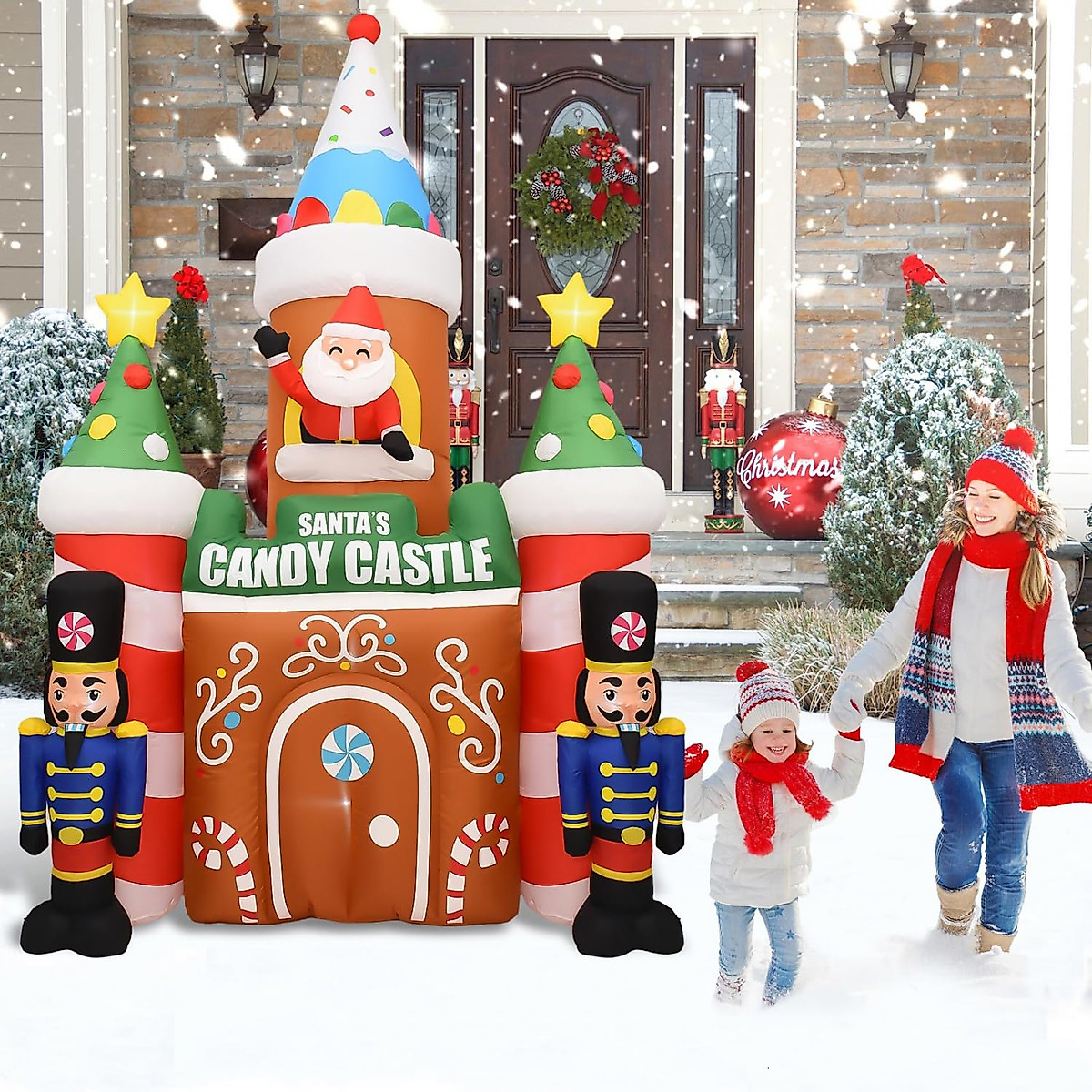 JETEHO 8.8FT Christmas Inflatables Candy Castle with Santa Nutcracker Soldier Inflatable Christmas Yard Decorations Outdoor Christmas Blow up with Build-in LED Lights for Garden Lawn Xmas Decor