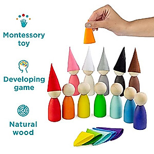 Ulanik Large Peg Dolls with Hats Toddler Montessori Toys for 3 Year Old + Kids Wooden Waldorf Dolls for Learning Color Sorting and Counting — 12 Gnomes, 3.35 in