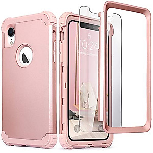 IDweel iPhone XR Case with Tempered Glass Screen Protector, iPhone XR Case for Women, 3 in 1 Shockproof Slim Hybrid Heavy Duty Hard PC Cover Soft Silicone Bumper Full Body Case, Rose Gold
