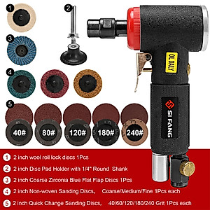 SI FANG 16Pcs Air Die Grinder Kit, Right Angle Die Grinder with 1/4" 1/8" Collets and 2" Quick Change Roll Lock Sanding Discs Accessories Set, 20,000RPM Pneumatic Air Grinding Tools Attachments Black