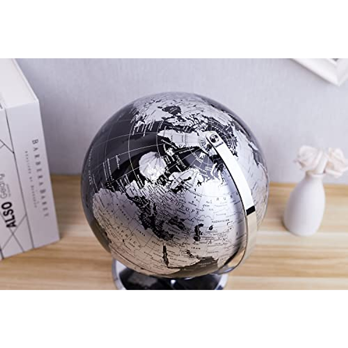 ANNOVA Metallic World Globe Black – Educational/Geographic/Modern Desktop Decoration - Stainless Steel Arc and Base/Earth World - Metallic Black - for School, Home, and Office (10-Inch)