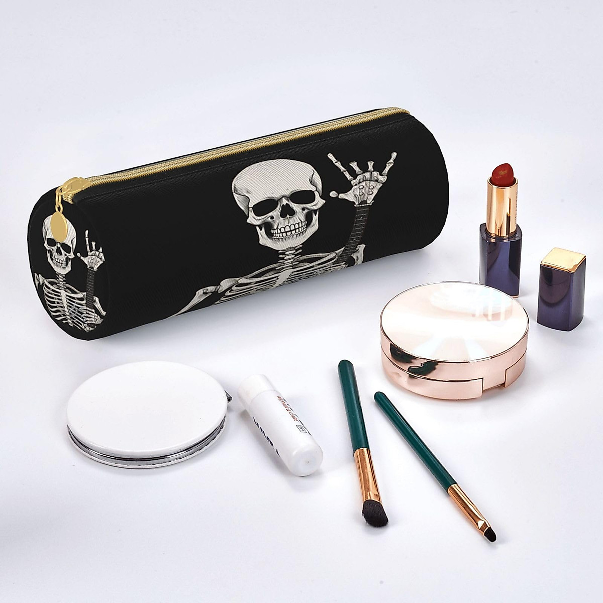 Rock And Roll Skeleton Skull Boho Hippie Cylinder Pencil Case Holder Zipper Pen Bag Pouch Students Stationery Cosmetic Bag