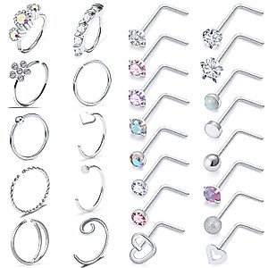 Vsnnsns 20G Nose Rings for Women Surgical Steel Nose Rings Hoops L Shaped Nose Studs Nose Hoop Rings 2mm Diamond CZ Nose Ring Nose Piercing Jewelry Silver 26Pcs
