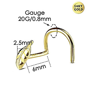 COCHARM Solid 14K Gold Nose Stud Yellow Gold Nose Ring Stud for Women 20g Real Gold Nostril Screw Nose Stud 14K Twist Leaf Nose Screw Stud