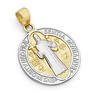 14k REAL Two Tone Gold Saint Benito Medal Charm Pendant (Size : 20 x 13 mm)