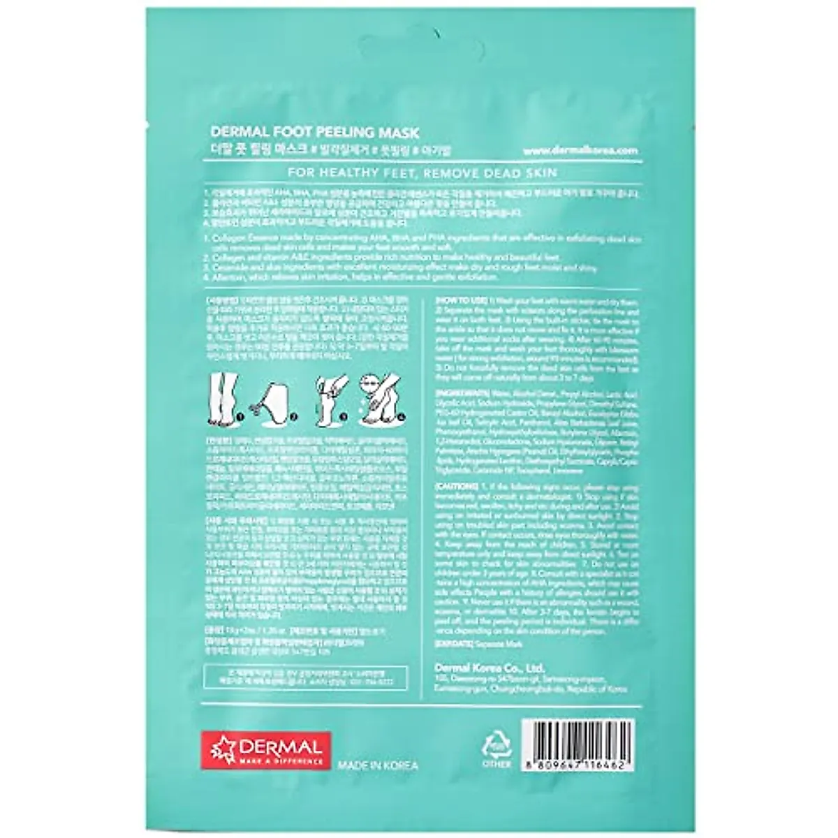 DERMAL KOREA Foot Peeling Mask 3 Pack For Dry Foot And Cracked Heel & Callus With Aloe Vera And Collagen - Exfoliating Peel Mask With Aha, Bha, & Pha And For Moisturizing, Soothing & Refreshing Feet