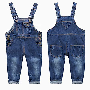 KIDSCOOL SPACE Snap Leg/Crotch Mettal Buttons Reipped Denim Overalls,Blue,18-24 Months