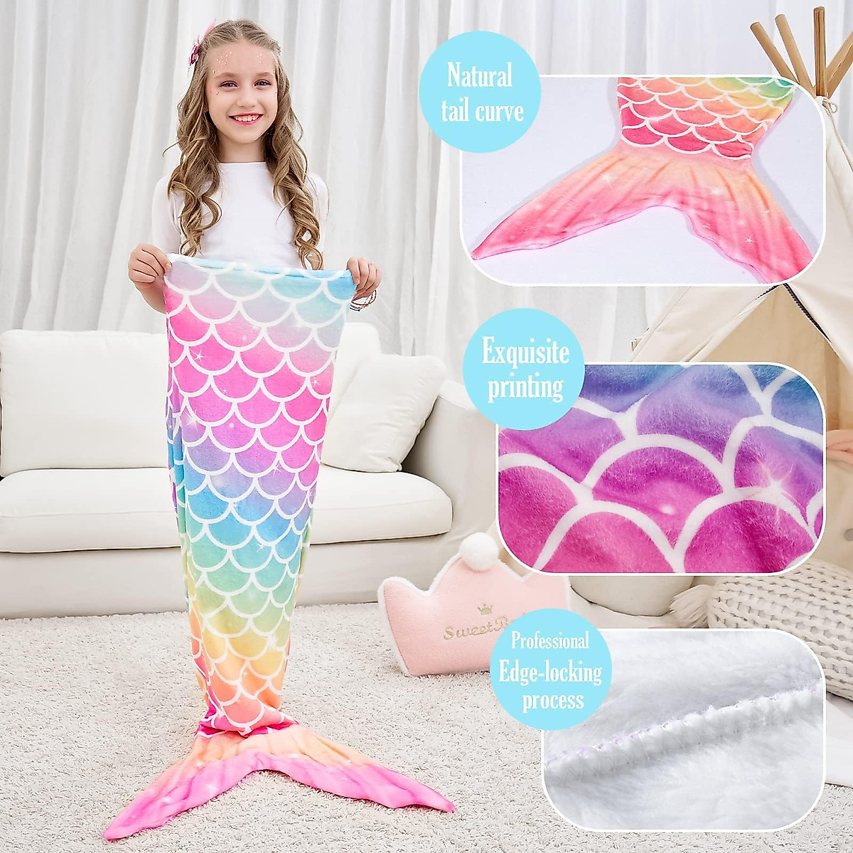 WERNNSAI Mermaid Tail Blanket - Plush Mermaid Wearable Blanket for Girls Teens All Seasons Soft Flannel Snuggle Blanket little Mermaid Scale Sleeping Bag 55" x 24" (Rainbow)