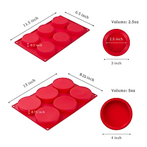 Webake Silicone Molds for 3 Inch and 4 Inch Round Disc Pan for Cake, Muffin Top, Bun, Custard, Tart, Resin Coaster, 6 Cavity, Red Set of 2