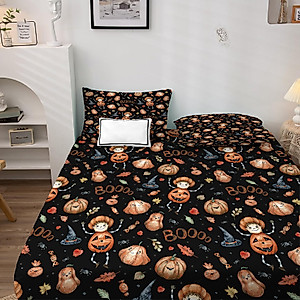 Halloween Sheets Full Size, Pumpkin Witch Bed Sheets, Patterned Bedding Sheets & Pillowcases 4 Piece Set - Soft Microfiber Deep Pocket Fitted Sheet & Flat Sheet & 2 Pillow Cases M8-&-205