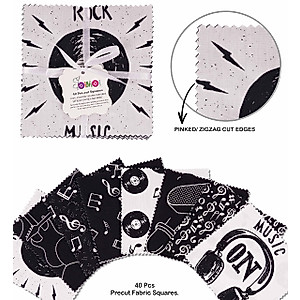 Soimoi Precut 10-inch Rock Music Prints Cotton Fabric Bundle Quilting Squares Charm Pack DIY Patchwork Sewing Craft- White & Black