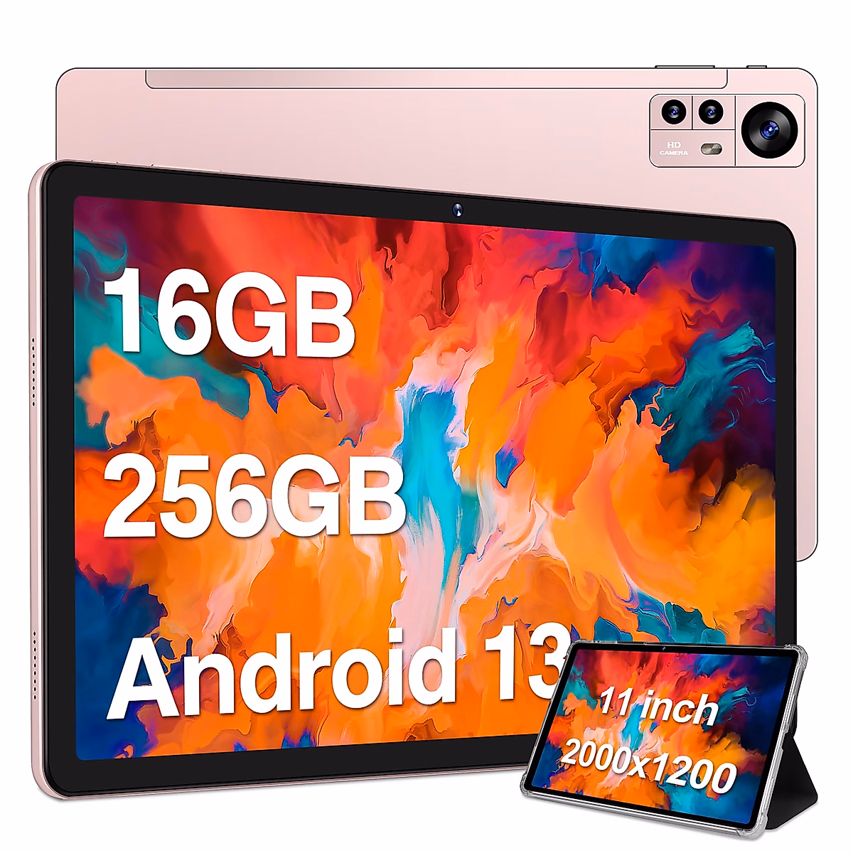 2024 Newest 11 inch Tablet Android 13 Tablets 16GB RAM 256GB ROM 1TB Expand, 2K 2000 x 1200 Display, Octa-Core, Triple Camera, 8600mAh, Quad Speakers, 5G/2.4G WiFi, GPS,Bluetooth,with Case -Rose Gold